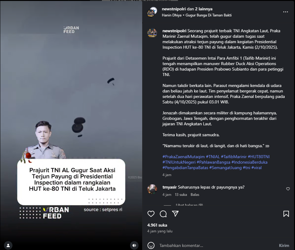 Innalillahi, Prajurit TNI AL Gugur saat Terjun Payung di Acara ...